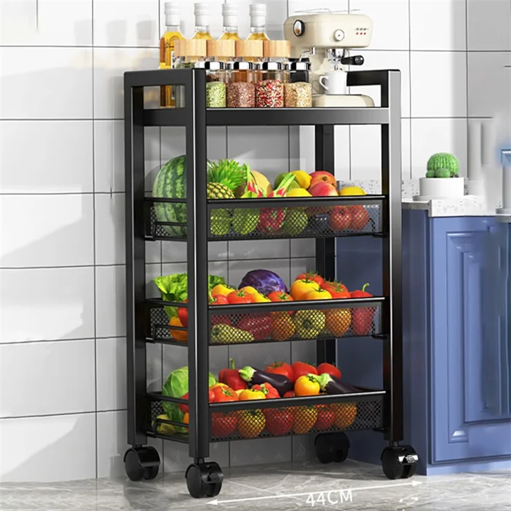 005JGL1047 4 Tier Kitchen Storage Rack with Wheels Floor Standing Vegetable Basket 3 Mesh 1 Tray