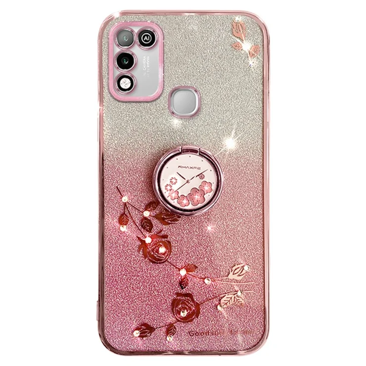 KADEM For Infinix Hot 10 Play Rhinestone Flower Glitter Cover Ring Kickstand TPU Anti Scratch Phone Case Rose Gold