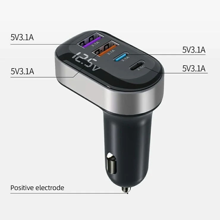 K33 USB A Type C 4 Port Car Charger Fast Charging Adapter with Voltage Display