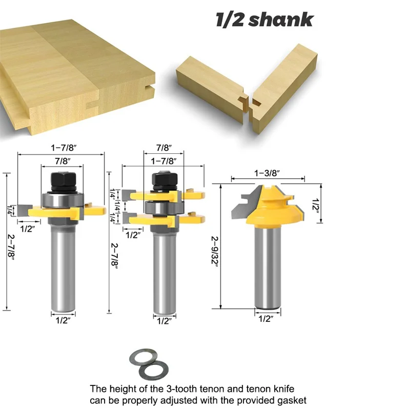 3Pcs Woodworking Router Bit Set 1 / 2" Shank 3-Teeth T1 / 2x47+45 ...
