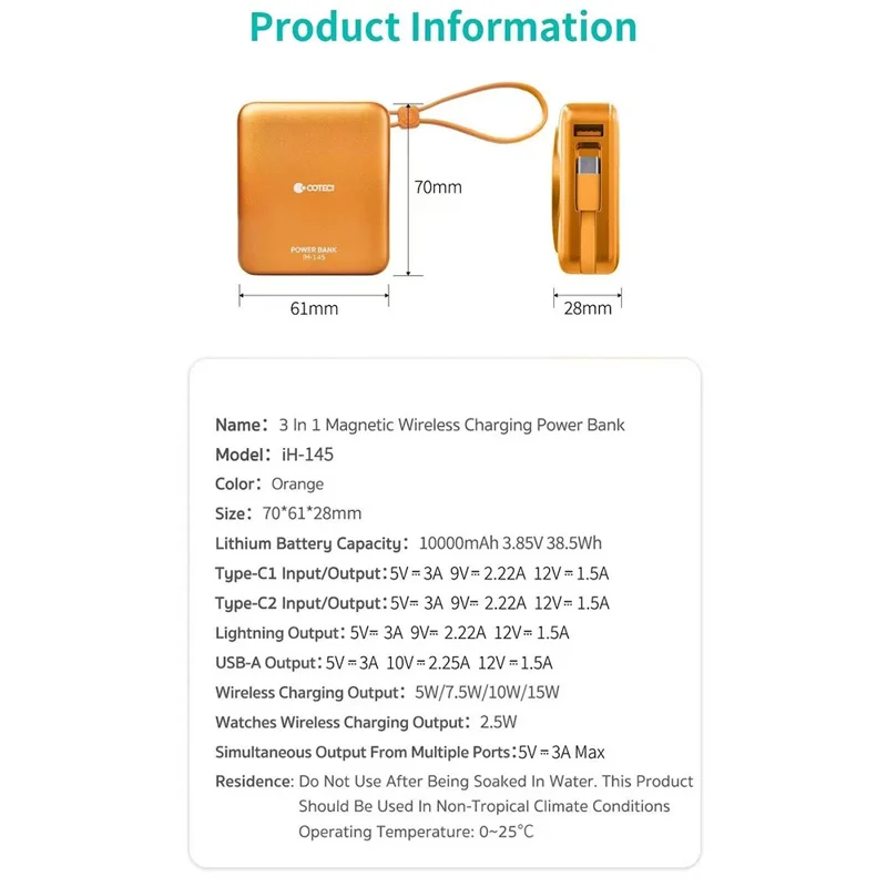 COTECI iH-145 3 in 1 10000mAh Magnetic Wireless Charging Power Bank ...