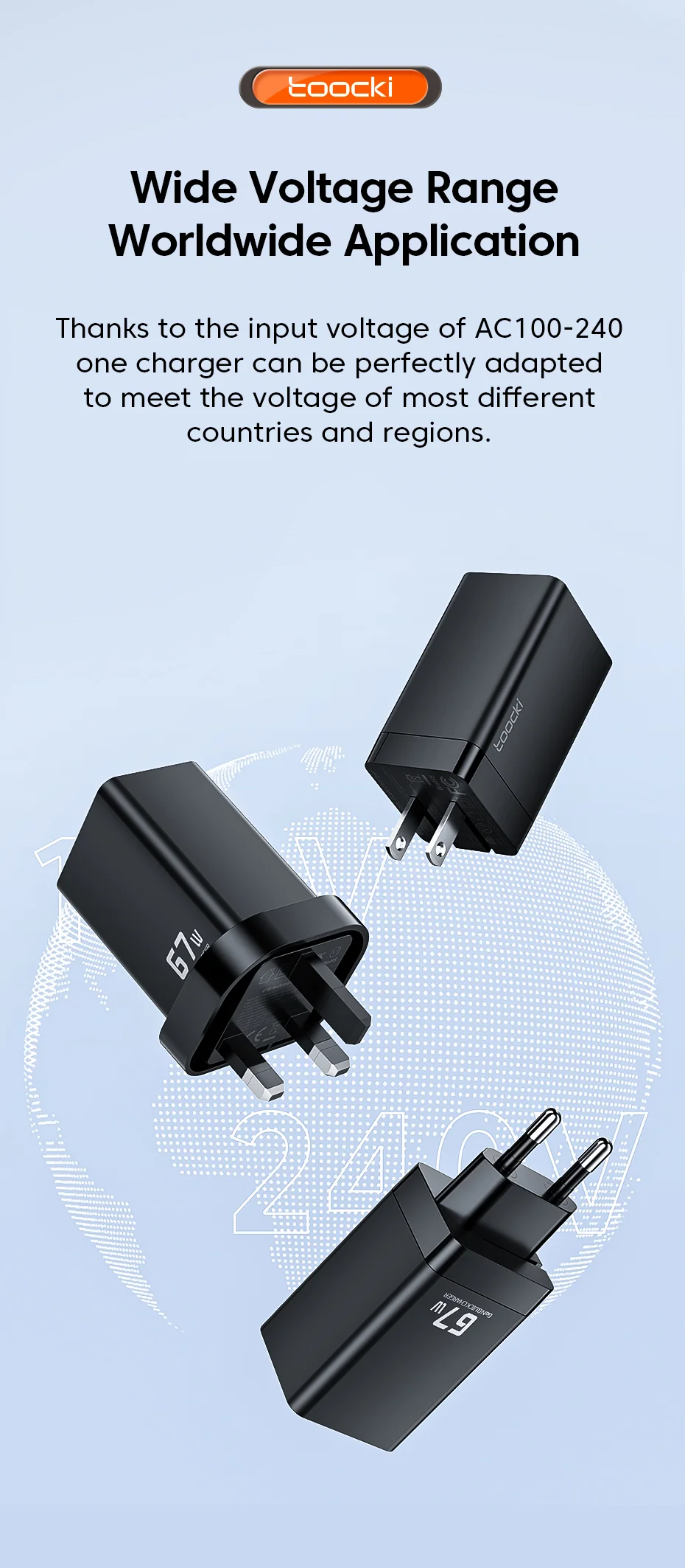 TOOCKI PD 67W Fast Charging Adapter Dual Type-C+1 USB-A GaN Wall ...