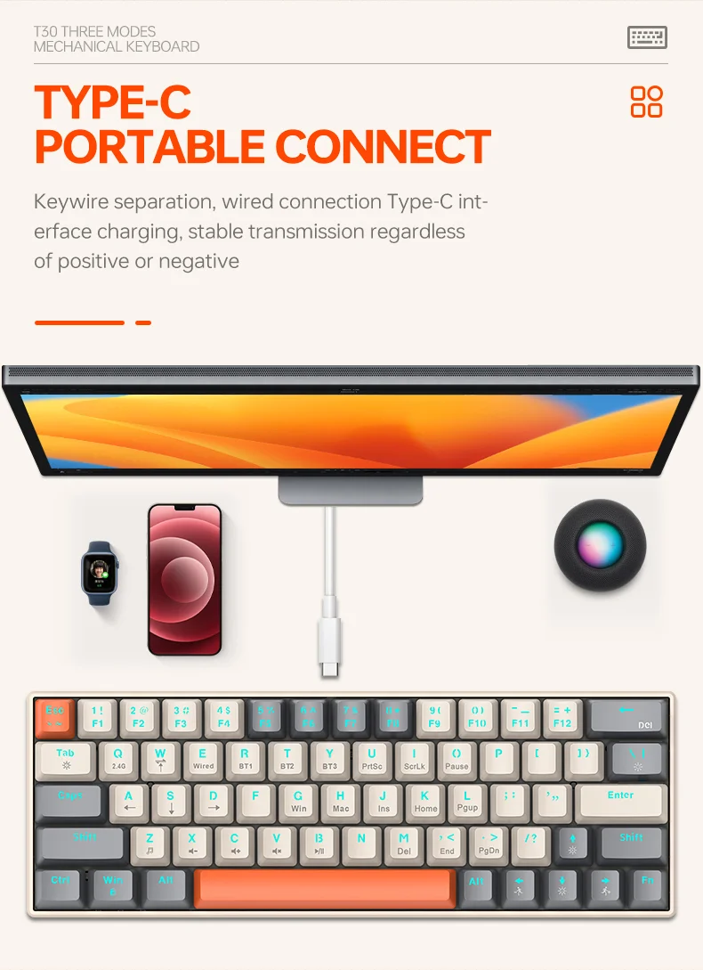 T-WOLF T30 Mechanical Keyboard Wired + Wireless + Bluetooth 3-Mode RGB ...