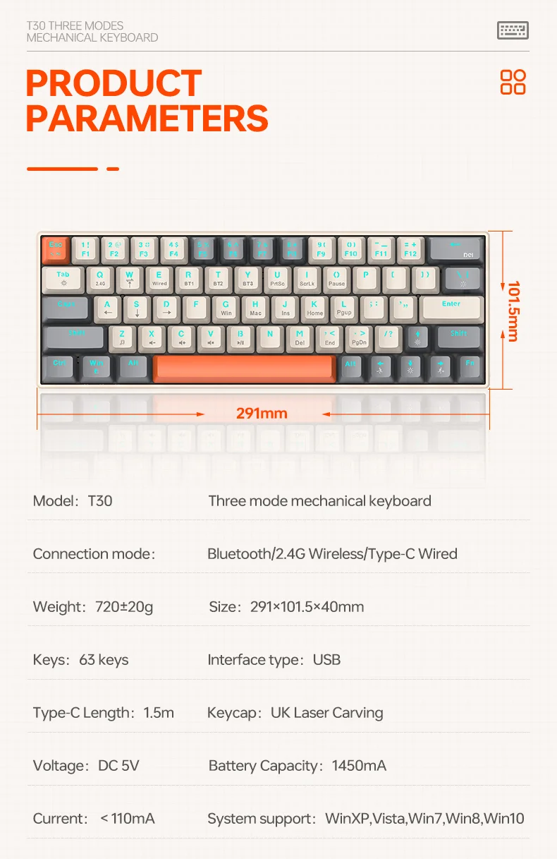T-WOLF T30 Mechanical Keyboard Wired + Wireless + Bluetooth 3-Mode RGB ...