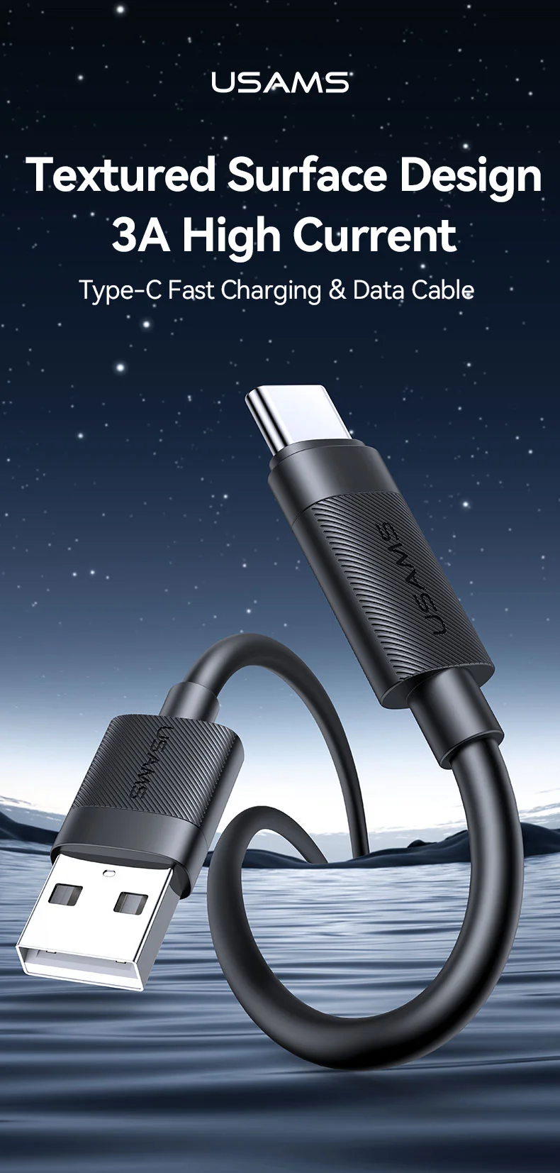 USAMS SJ777 U94 Type-C 3A Fast Charging & Data Cable (1m) - BLACK ...