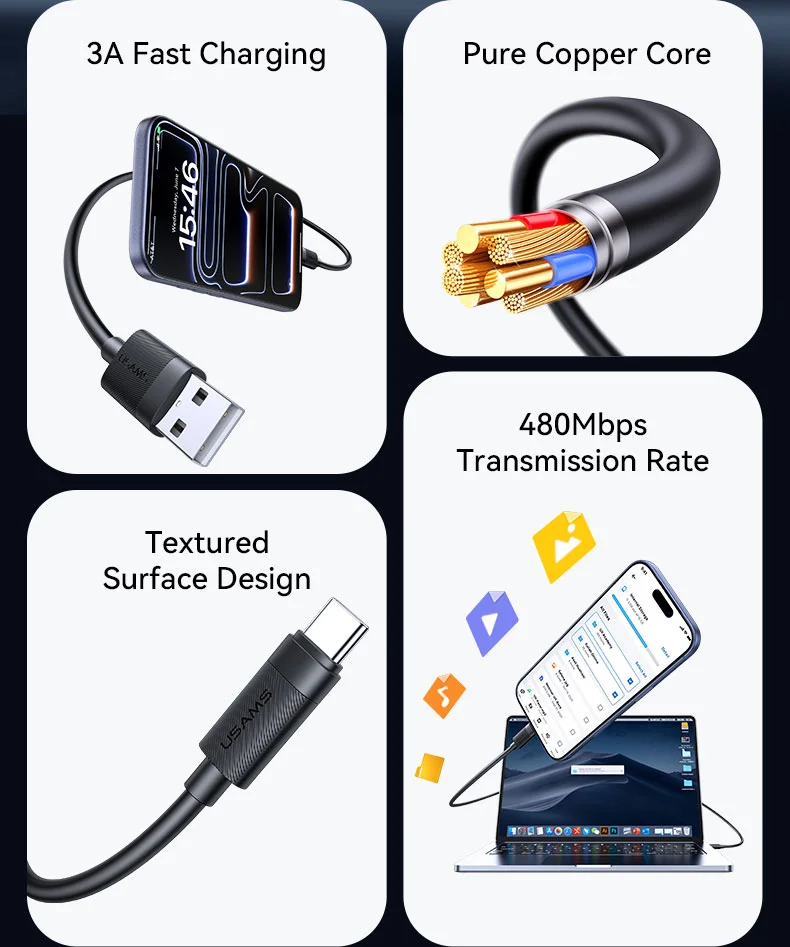 USAMS SJ777 U94 Type-C 3A Fast Charging & Data Cable (1m) - BLACK ...