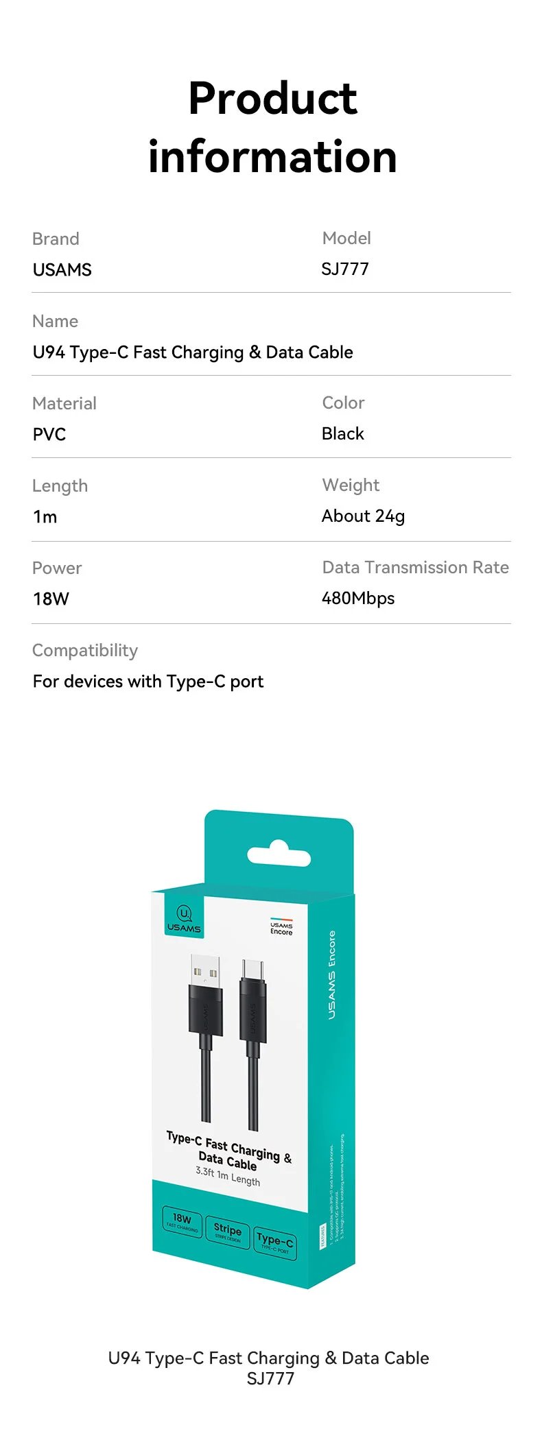 USAMS SJ777 U94 Type-C 3A Fast Charging & Data Cable (1m) - BLACK ...