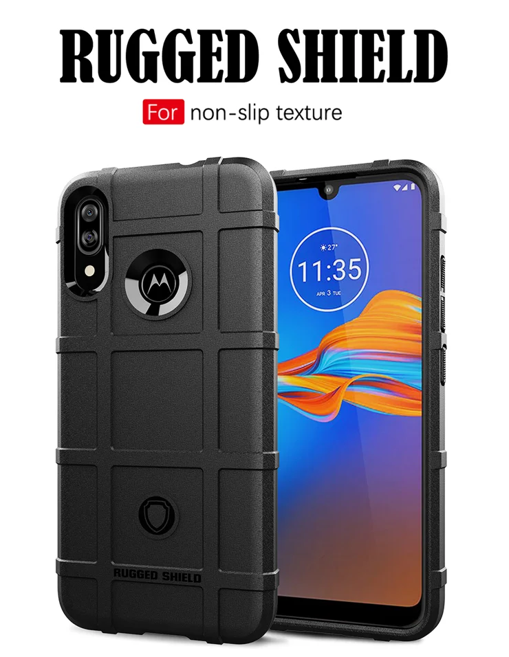 Wholesale Rugged Shield Phone Case for Motorola Moto E6 Plus E6s 2019 Square Grid Texture TPU Shell Black TVCMALL